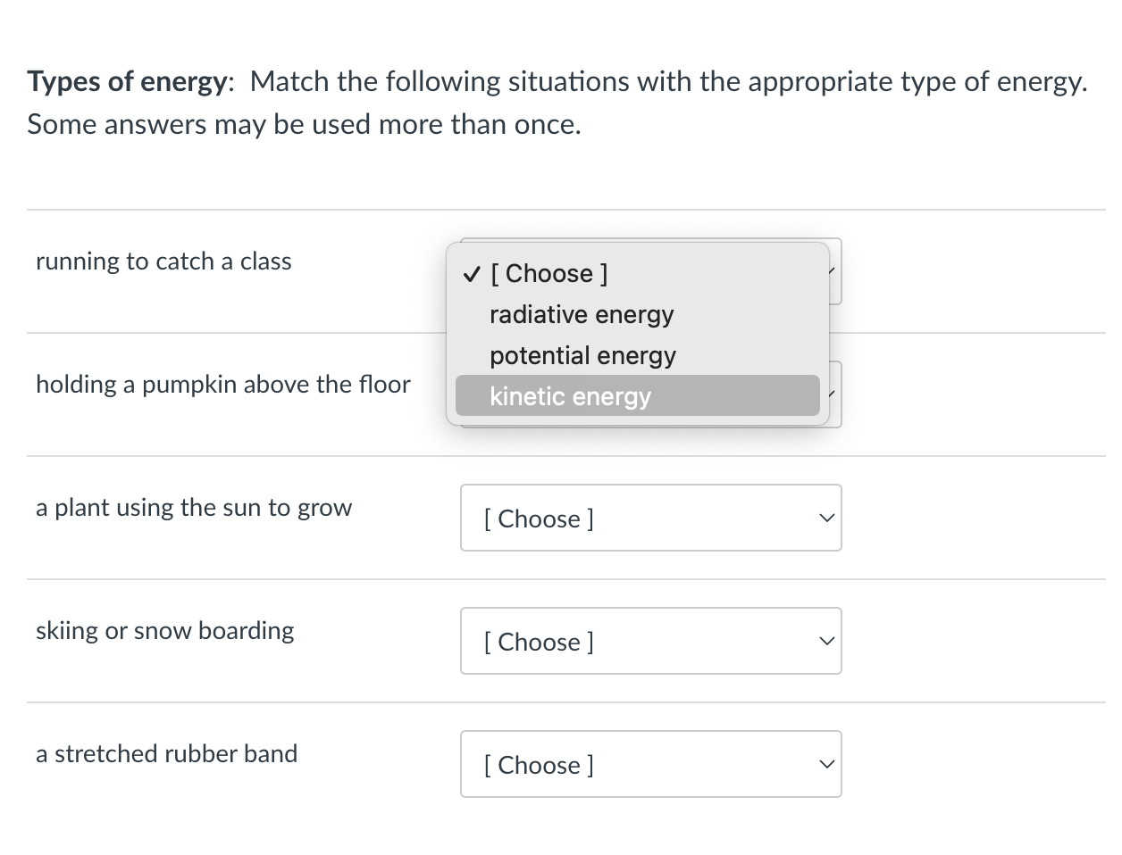 Solved Types of energy: Match the following situations with | Chegg.com