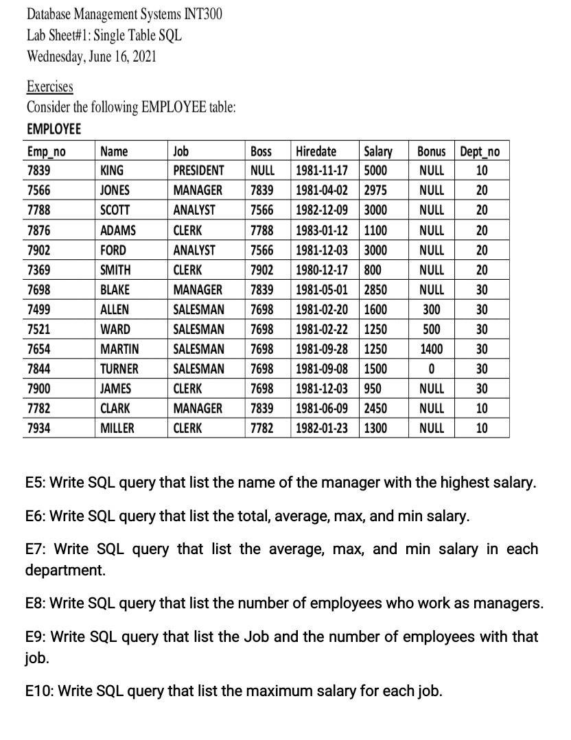 Solved Database Management Systems INT300 Lab Sheet#1: | Chegg.com