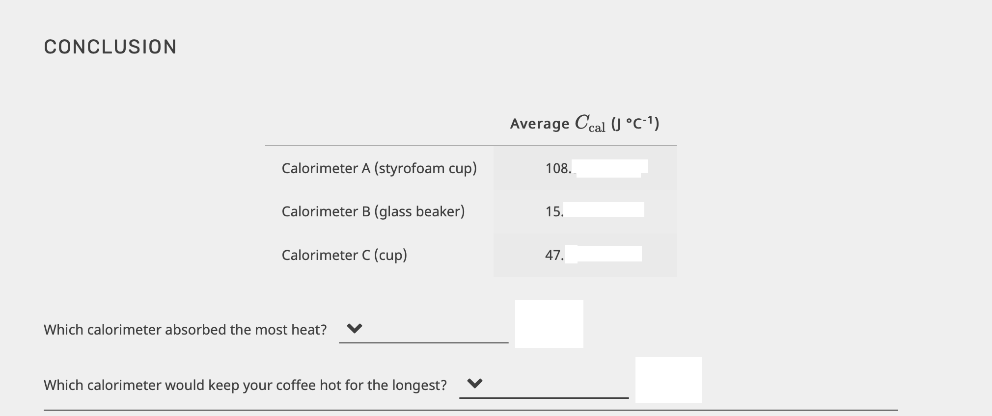 Solved CONCLUSION Average Ccal (C-1) Calorimeter A | Chegg.com