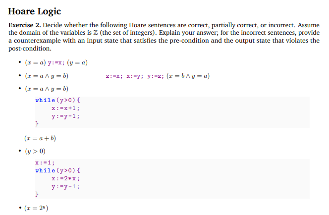 Solved Exercise 2. Decide whether the following Hoare | Chegg.com