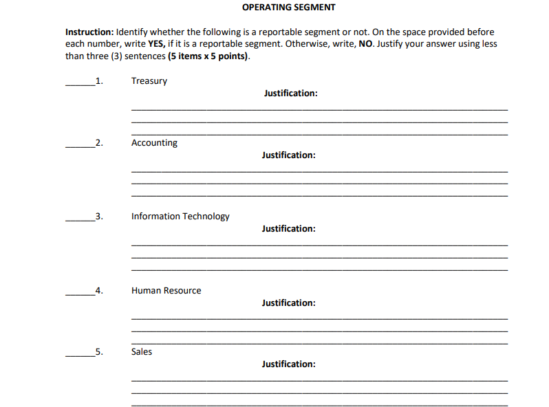 Solved OPERATING SEGMENT Instruction: Identify whether the | Chegg.com