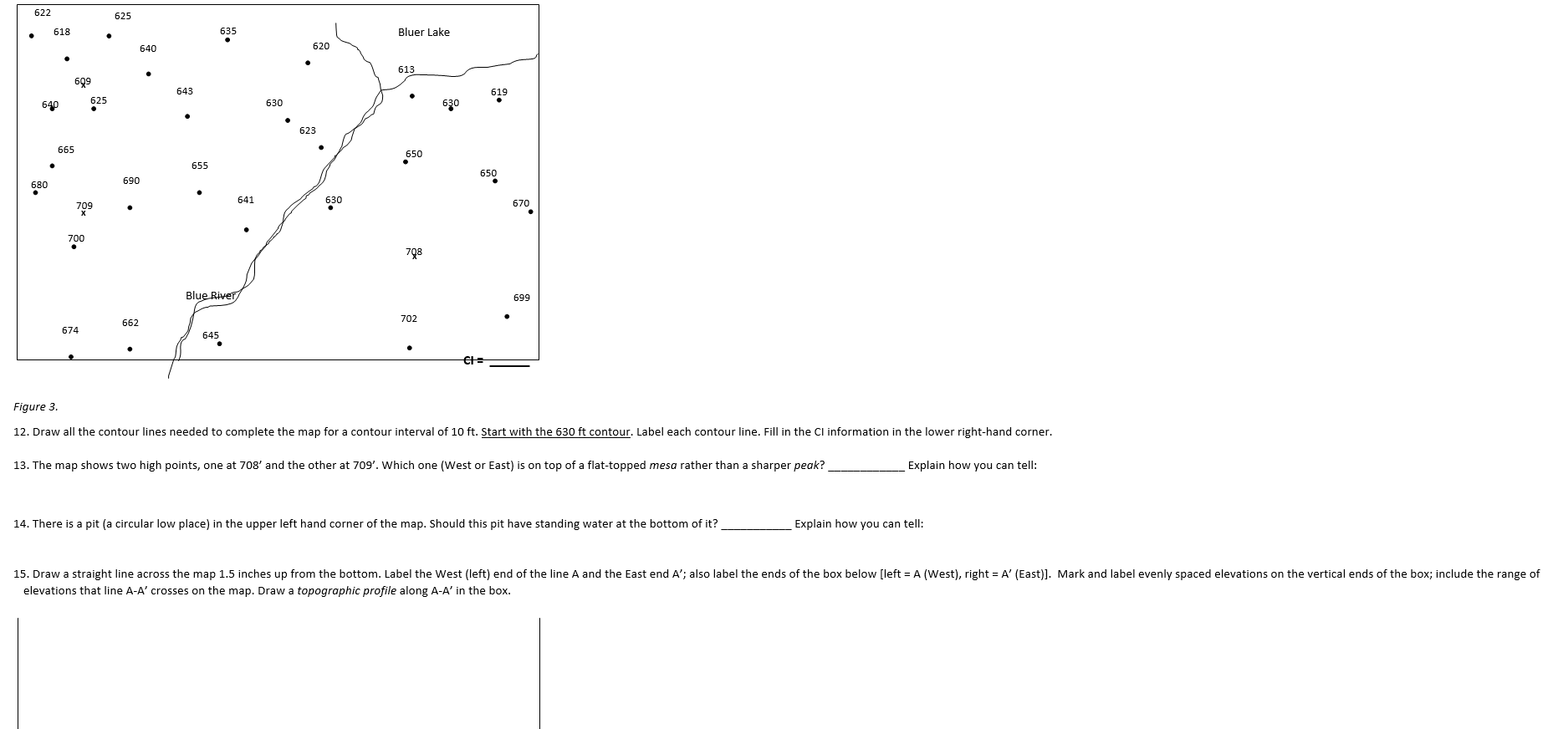 Solved 13. The map shows two high points, one at 708' and | Chegg.com