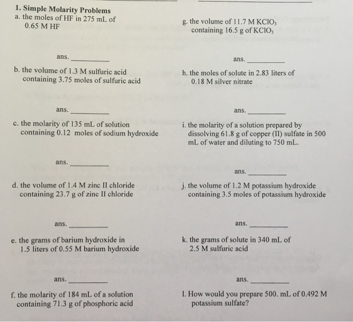 Solved 1. Simple Molarity Problems a. the moles of HF in 275 | Chegg.com