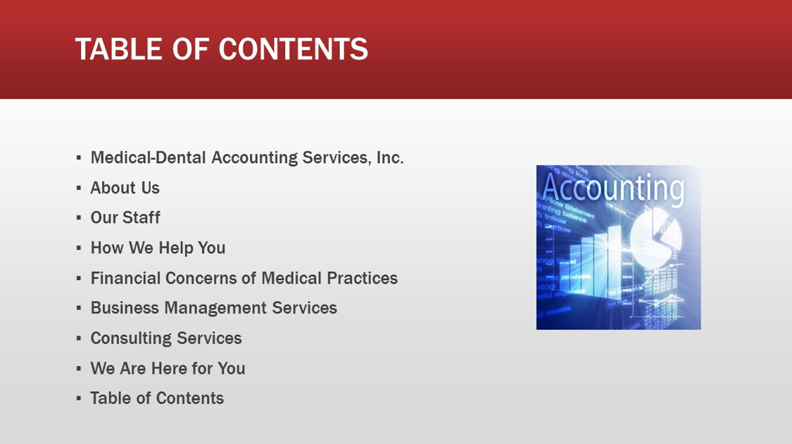 TABLE OF CONTENTS • Medical-Dental Accounting | Chegg.com