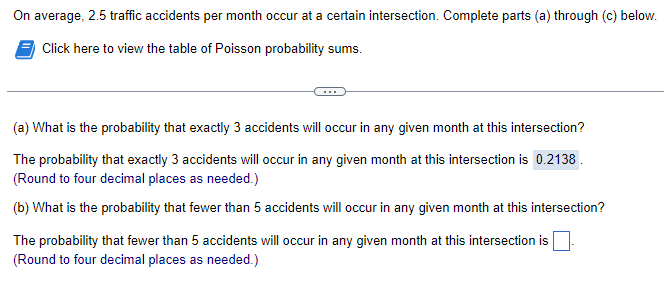 Solved On average, 2.5 traffic accidents per month occur at | Chegg.com