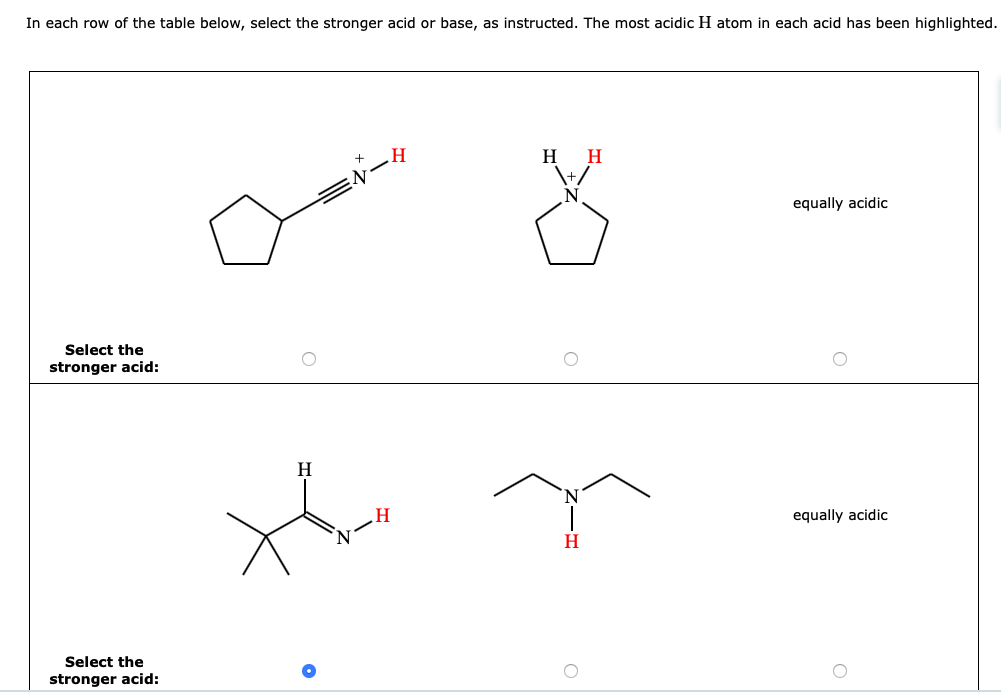 Solved In each row of the table below, select the stronger | Chegg.com
