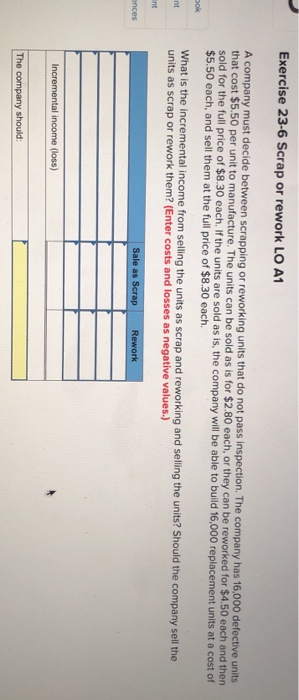 Solved Exercise 23-6 Scrap or rework LO A1 n scrapping or | Chegg.com