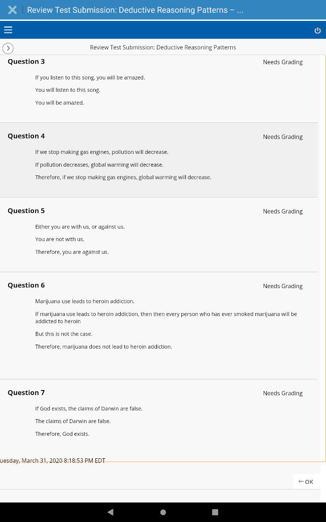 Solved x Review Test Submission: Deductive Reasoning | Chegg.com