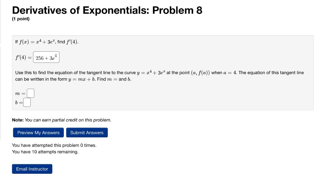 Solved Derivatives of Exponentials: Problem 8 (1 point) If | Chegg.com