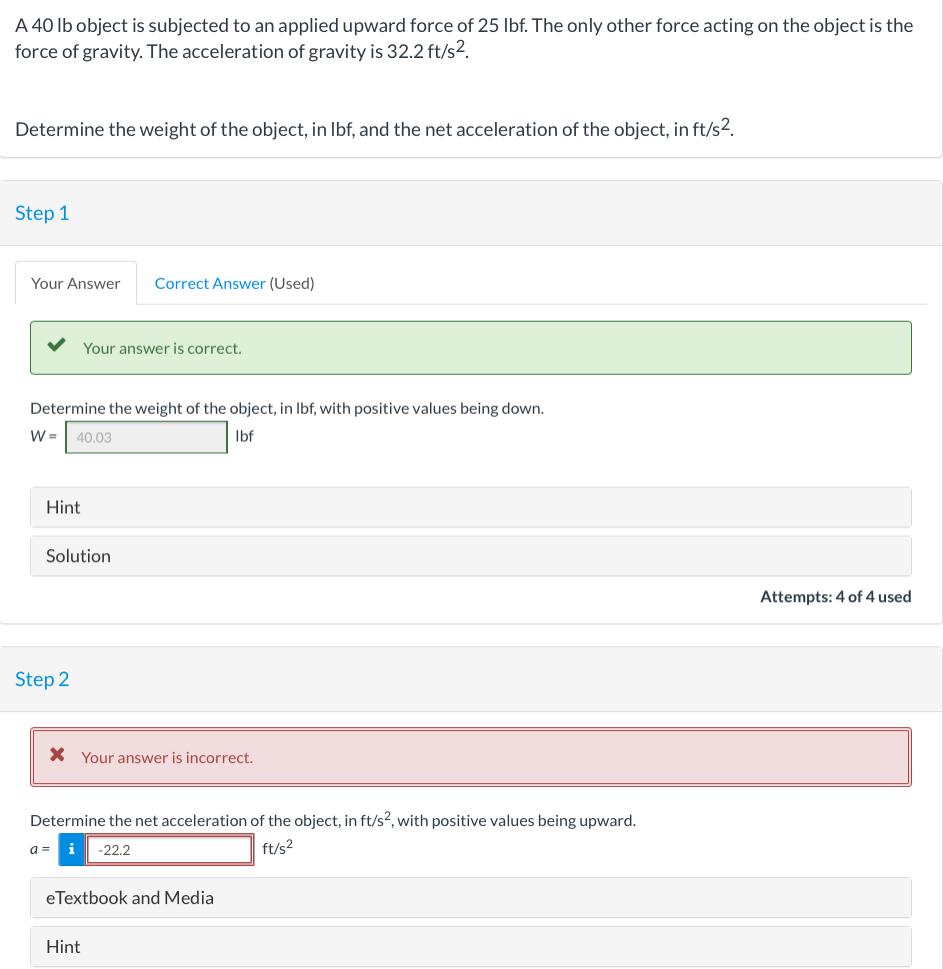 Solved A 40 lb object is subjected to an applied upward | Chegg.com