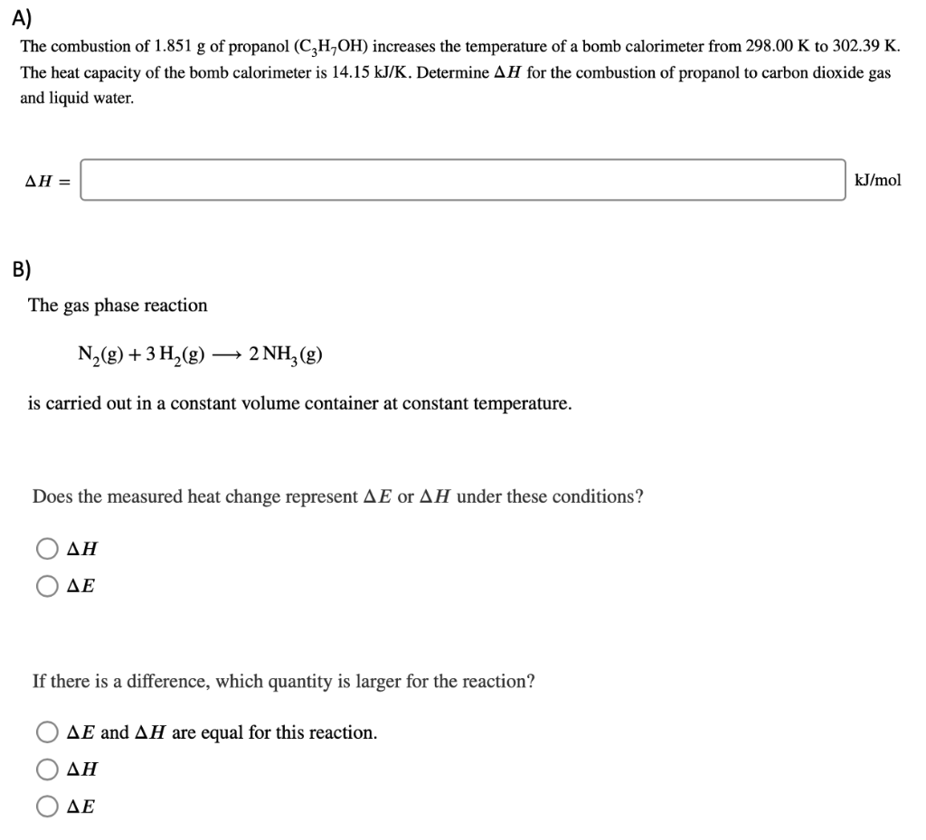 Solved A) The combustion of 1.851 g of propanol (C2H4OH) | Chegg.com