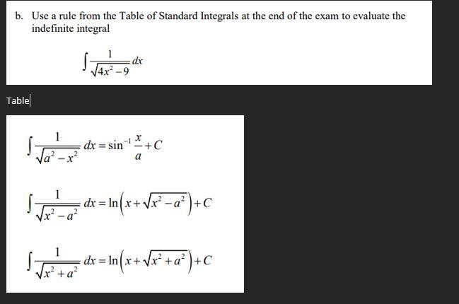 Solved b. Use a rule from the Table of Standard Integrals at | Chegg.com