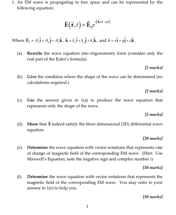 Solved An EM wave is propagating in free space and can be | Chegg.com