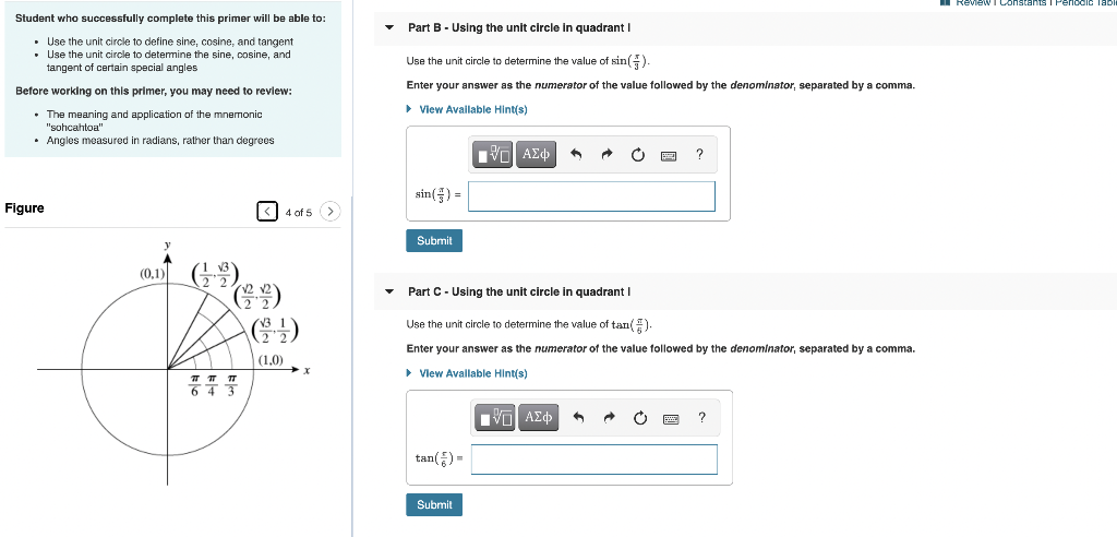 Solved Part D - Using the unit circle Use the unit circle to | Chegg.com