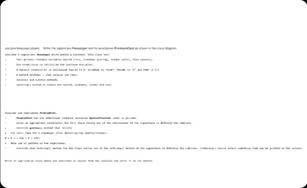 Solved use java language please write the superclass | Chegg.com