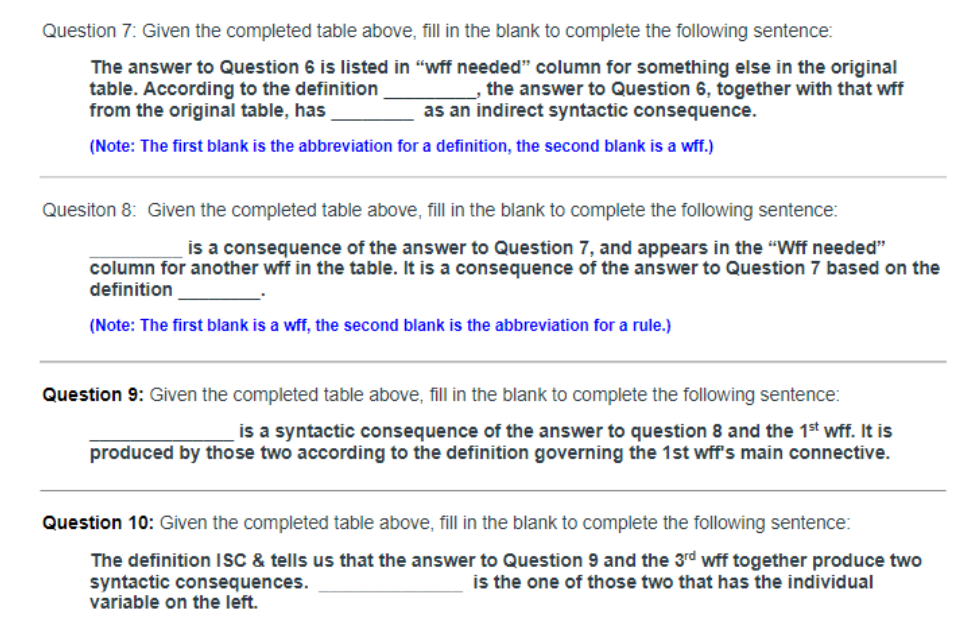 Question 7: Given the completed table above, fill in | Chegg.com