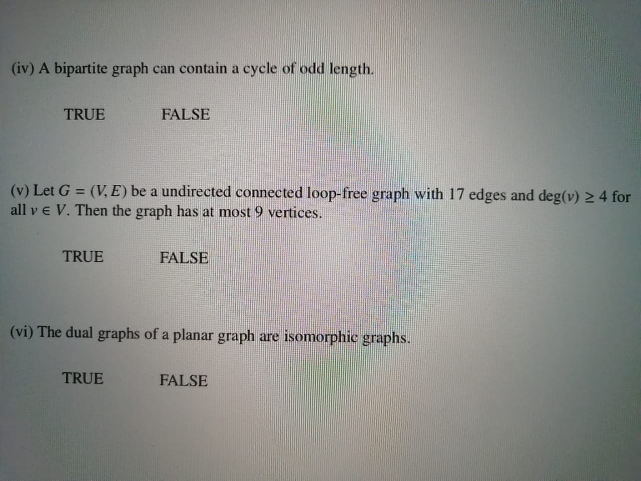 Solved (iv) A bipartite graph can contain a cycle of odd | Chegg.com