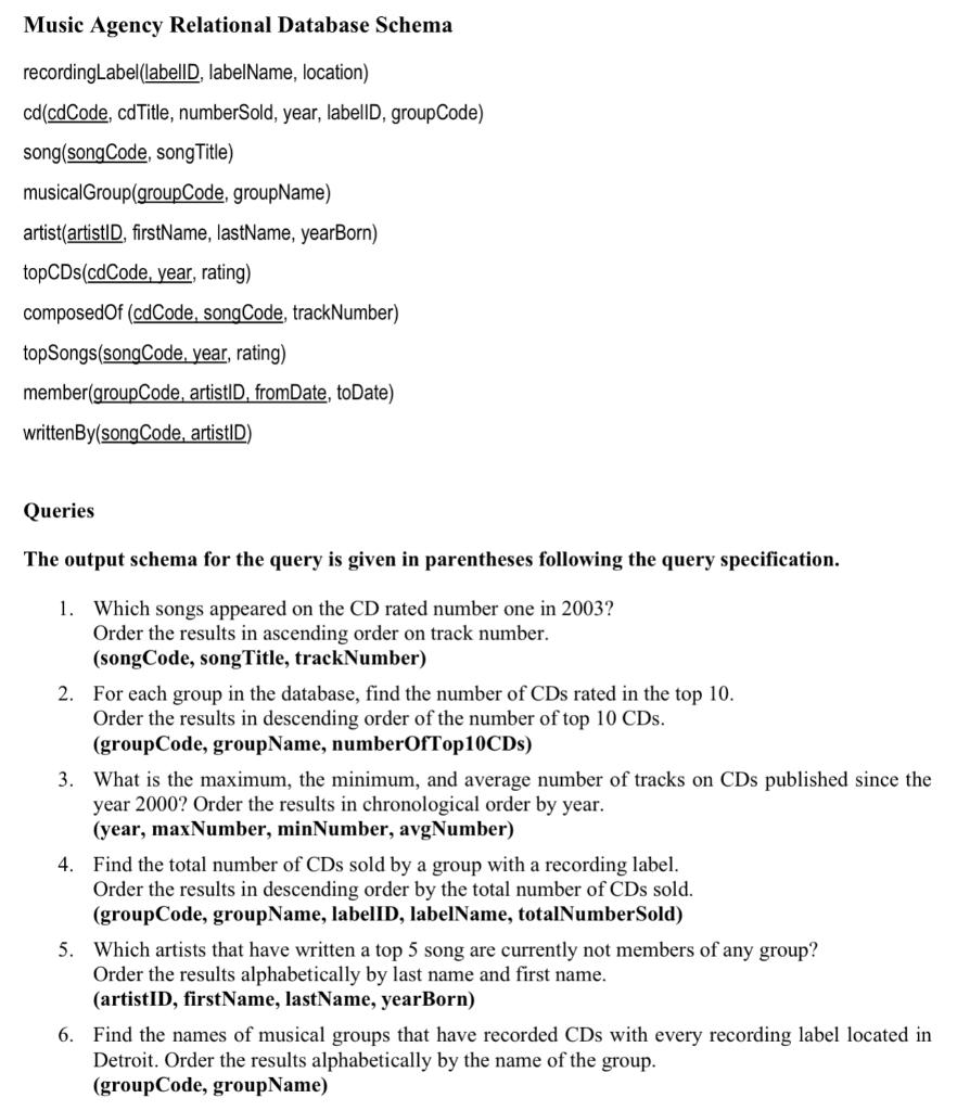 Music Agency Relational Database Schema | Chegg.com