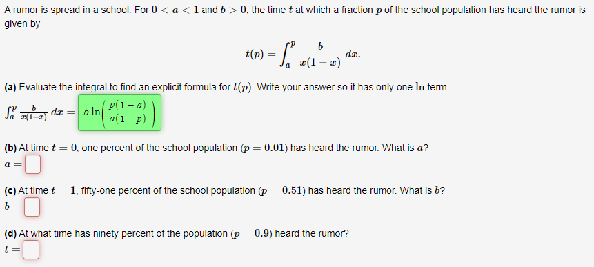 Solved A rumor is spread in a school. For 00, the time t at | Chegg.com