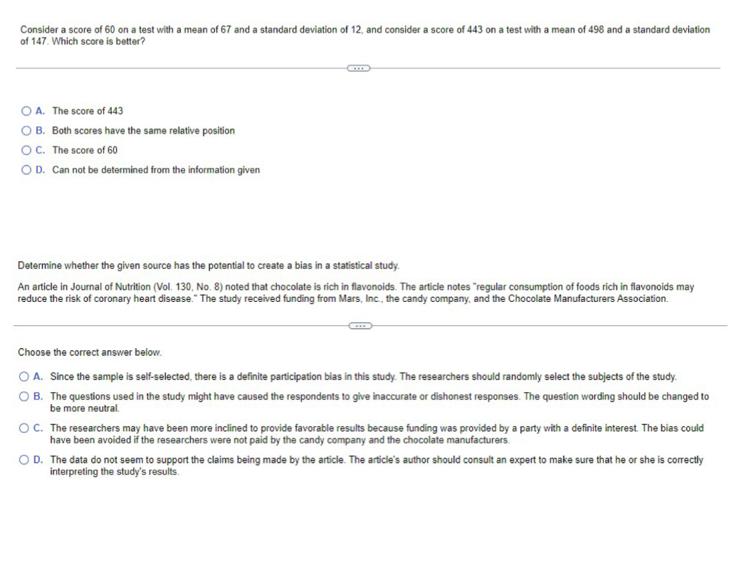Solved Consider a score of 60 on a test with a mean of 67 | Chegg.com