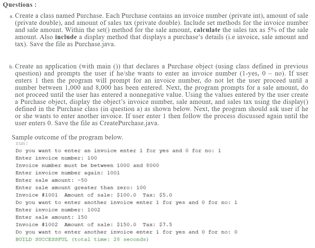 Solved Questions : a. Create a class named Purchase. Each | Chegg.com