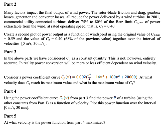 Solved Problem: Mathematics in Wind Energy Production Wind | Chegg.com