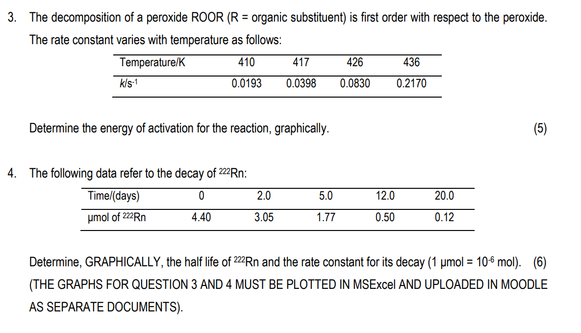 Solved - 3. The decomposition of a peroxide ROOR (R = | Chegg.com