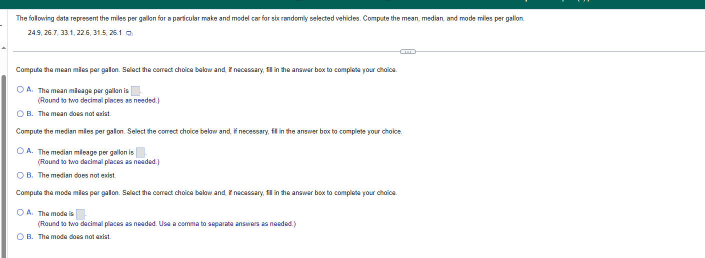 Solved The following data represent the miles per gallon for | Chegg.com