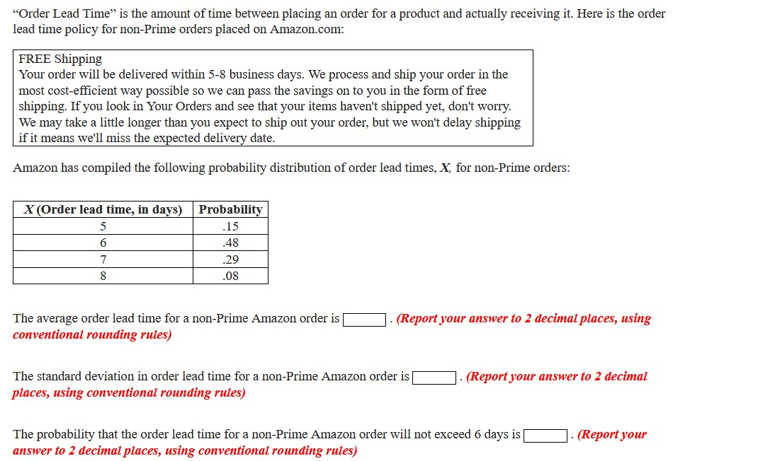 Solved "Order Lead Time" is the amount of time between | Chegg.com