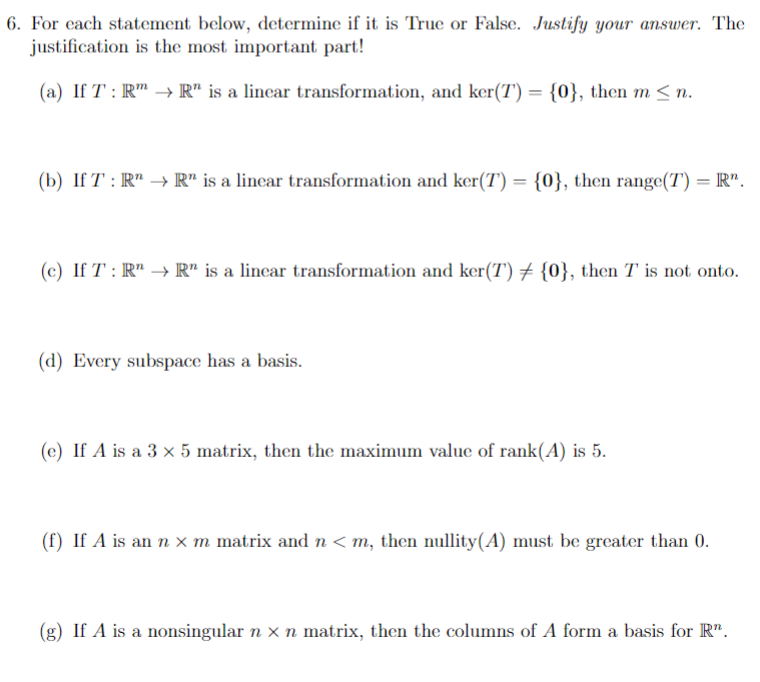 Solved For each statement below, determine if it is True or | Chegg.com