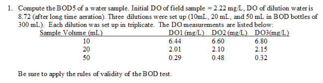 Solved Compute the BOD5 of a water sample. Initial DO of | Chegg.com