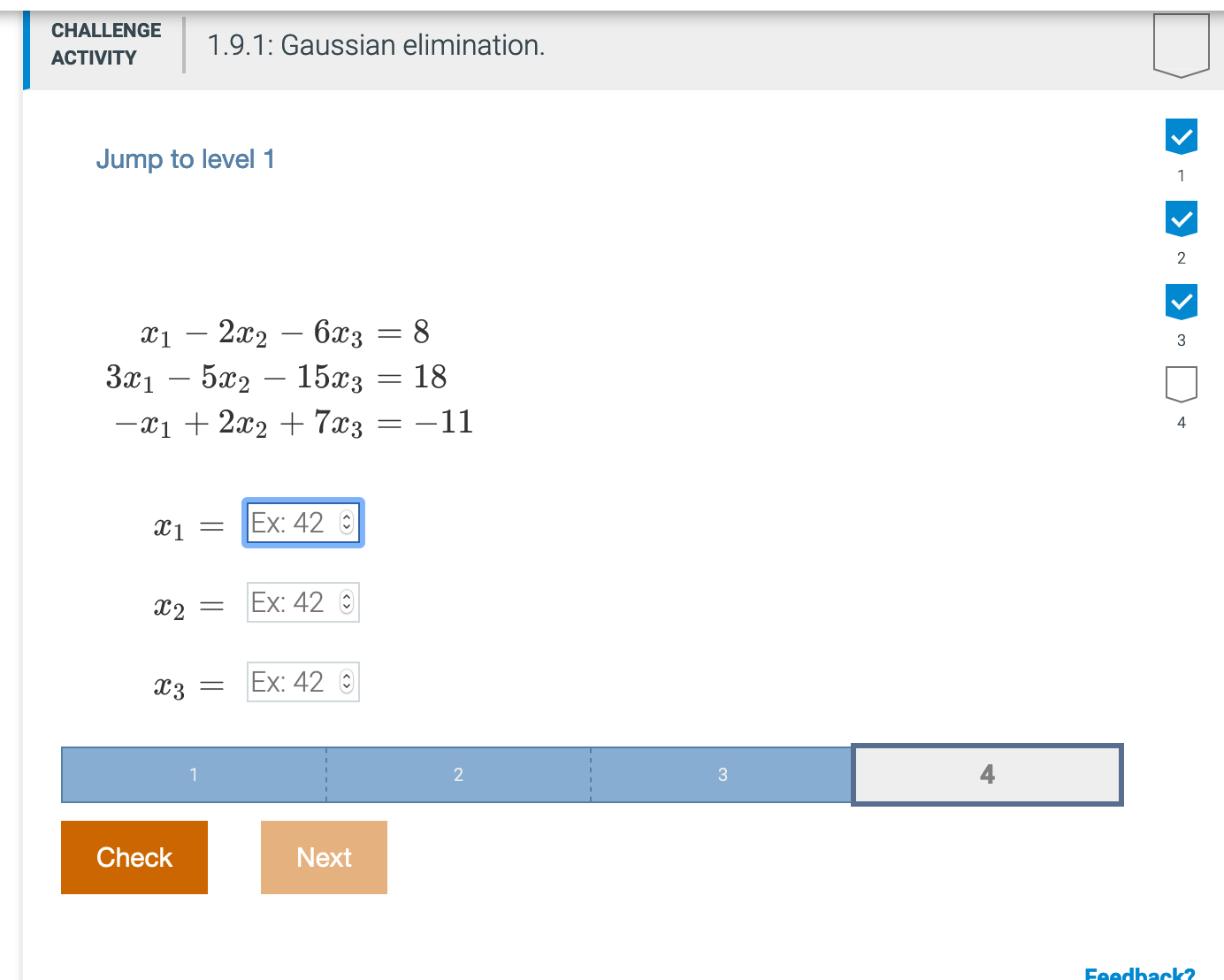 Solved CHALLENGE ACTIVITY 1.9.1: Gaussian elimination. Jump | Chegg.com