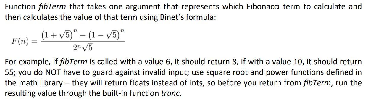 Solved Function fibTerm that takes one argument that | Chegg.com