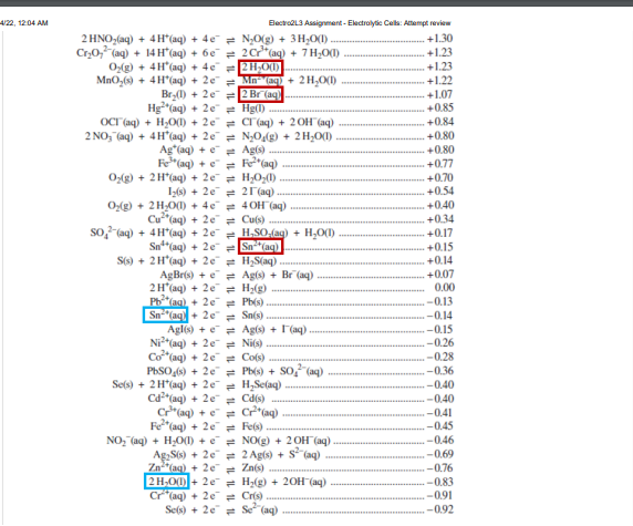 Solved Using the following cell Pt(s) | SnBr2(aq) Pt(s) | Chegg.com