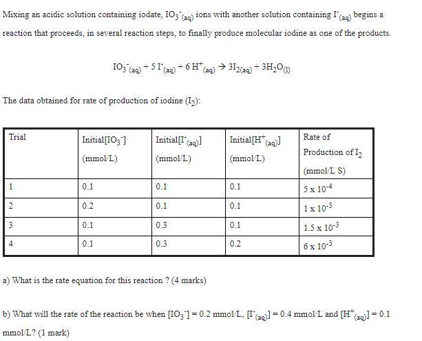 Solved Mixing an acidic solution containing iodate, IO3(aq) | Chegg.com
