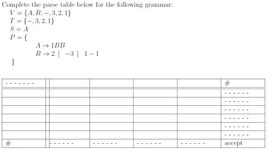 Solved Complete the parse table below for the following | Chegg.com