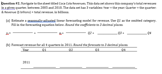 Solved Question #2. Navigate to the sheet titled Coca Cola | Chegg.com