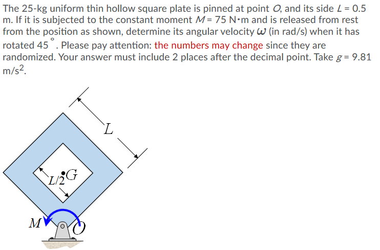 Solved The 25-kg uniform thin hollow square plate is pinned | Chegg.com
