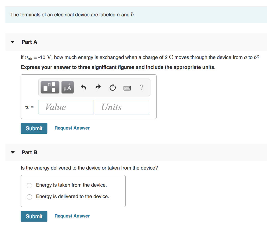 Solved The terminals of an electrical device are labeled a | Chegg.com