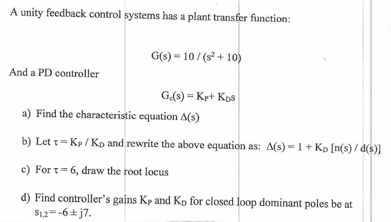 Solved A unity feedback control systems has a plant transfer | Chegg.com