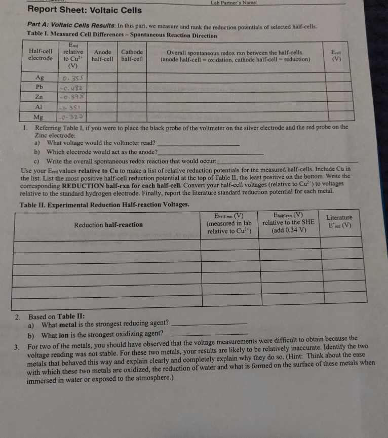 Solved Lab Partner's Name: Report Sheet: Voltaic Cells Part | Chegg.com Solved Lab Partner's Name: Report Sheet: Voltaic Cells Part | Chegg.com