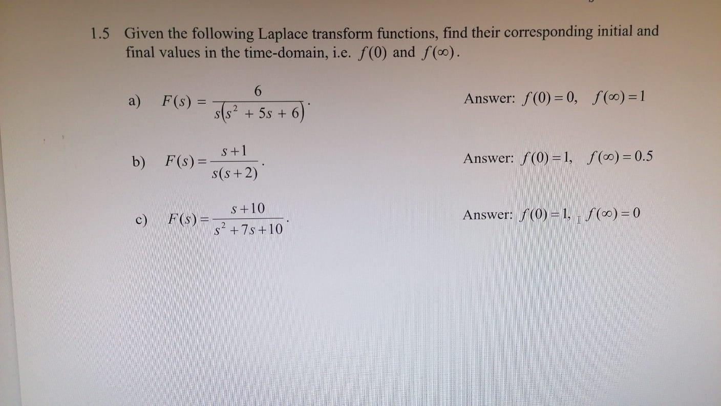 Solved 1.5 Given the following Laplace transform functions, | Chegg.com