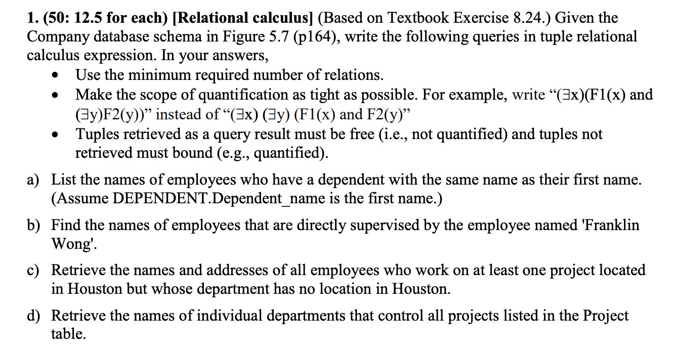 Solved 1. (50: 12.5 for each) [Relational calculus] (Based | Chegg.com