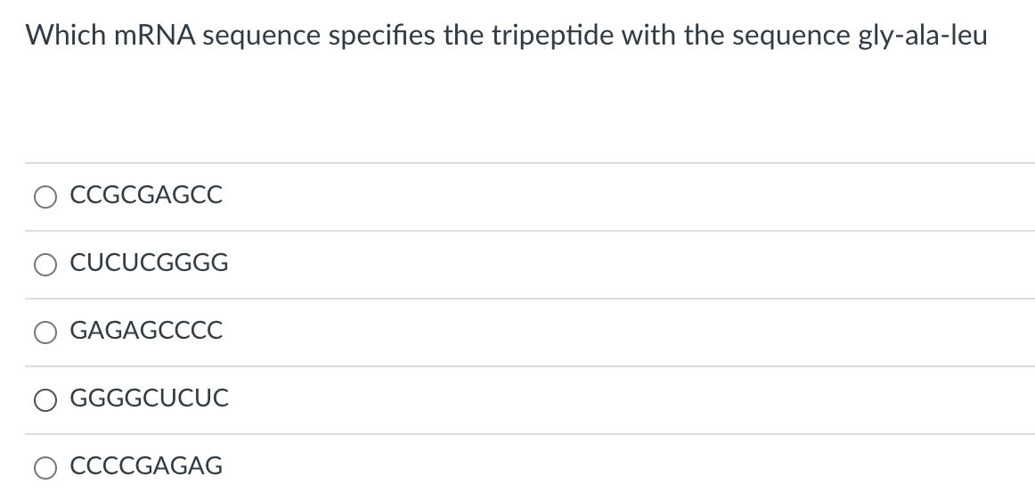 Solved Which mRNA sequence specifies the tripeptide with the | Chegg.com