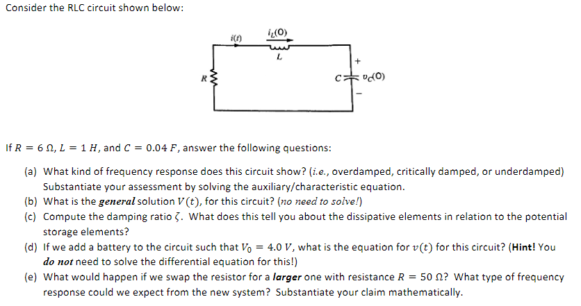 Solved Consider the RLC circuit shown below: i(t) I_(O) w L | Chegg.com