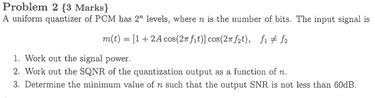 Solved Problem 2 {3 Marks} A uniform quantizer of PCM has 21 | Chegg.com