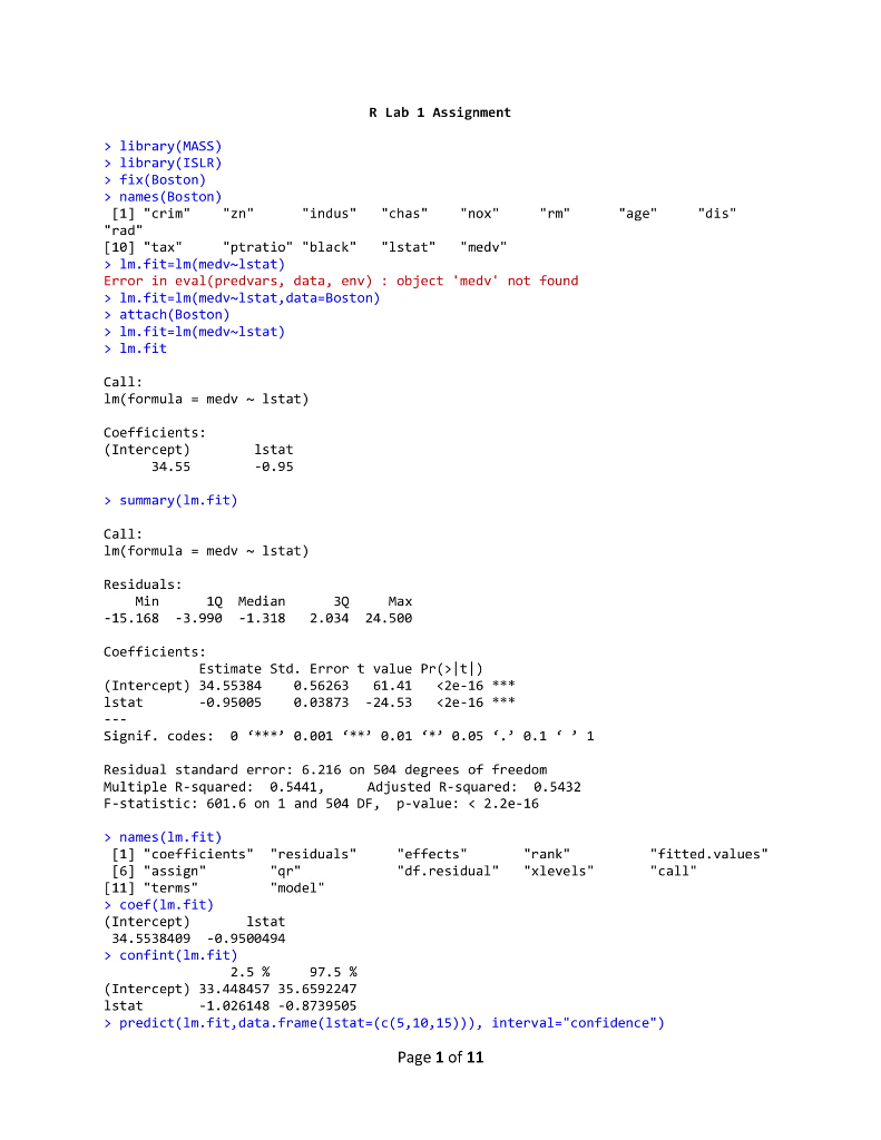 R Lab 1 Assignment > library (MASS) > library (ISLR) | Chegg.com