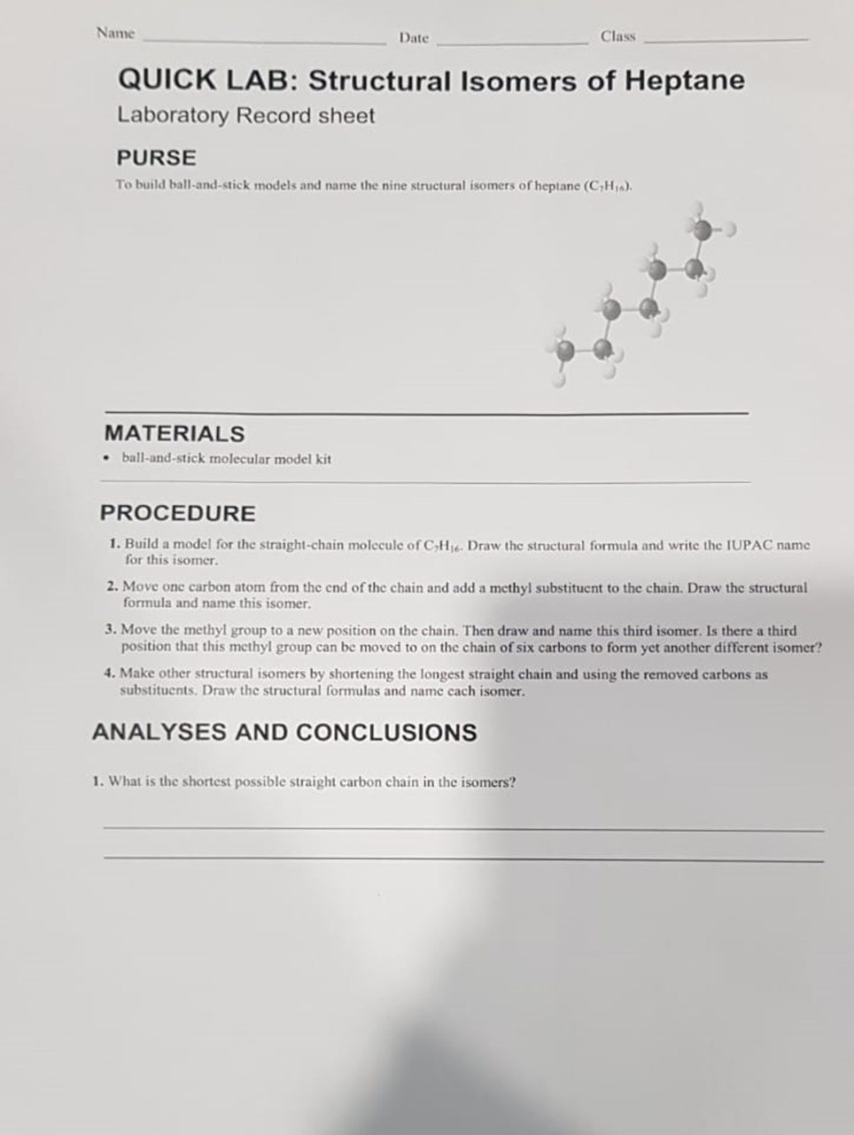 Solved Name Date Class QUICK LAB: Structural Isomers of | Chegg.com