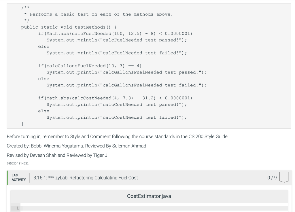 Solved 3.15 *** zyLab: Refactoring Calculating Fuel Cost | Chegg.com