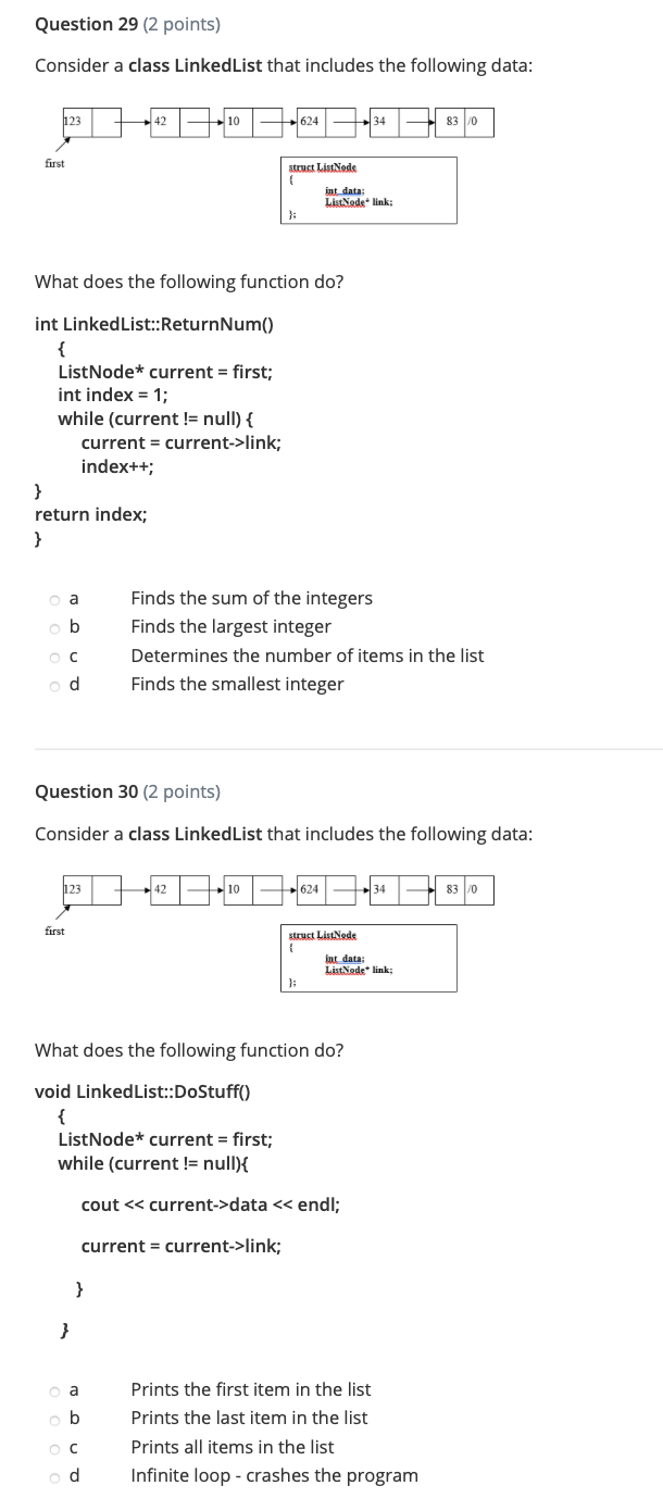 Solved Question 29 (2 points) Consider a class LinkedList | Chegg.com
